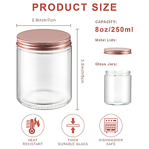 Tioncy 12 Pcs 8 oz 250 ml Thick Glass Jars with Metal Lids, Clear Candle Making Jars with Rose Gold Lids Empty Food Storage Containers Mason Canning Jar for Spice Powder Liquid Honey Cosmetic