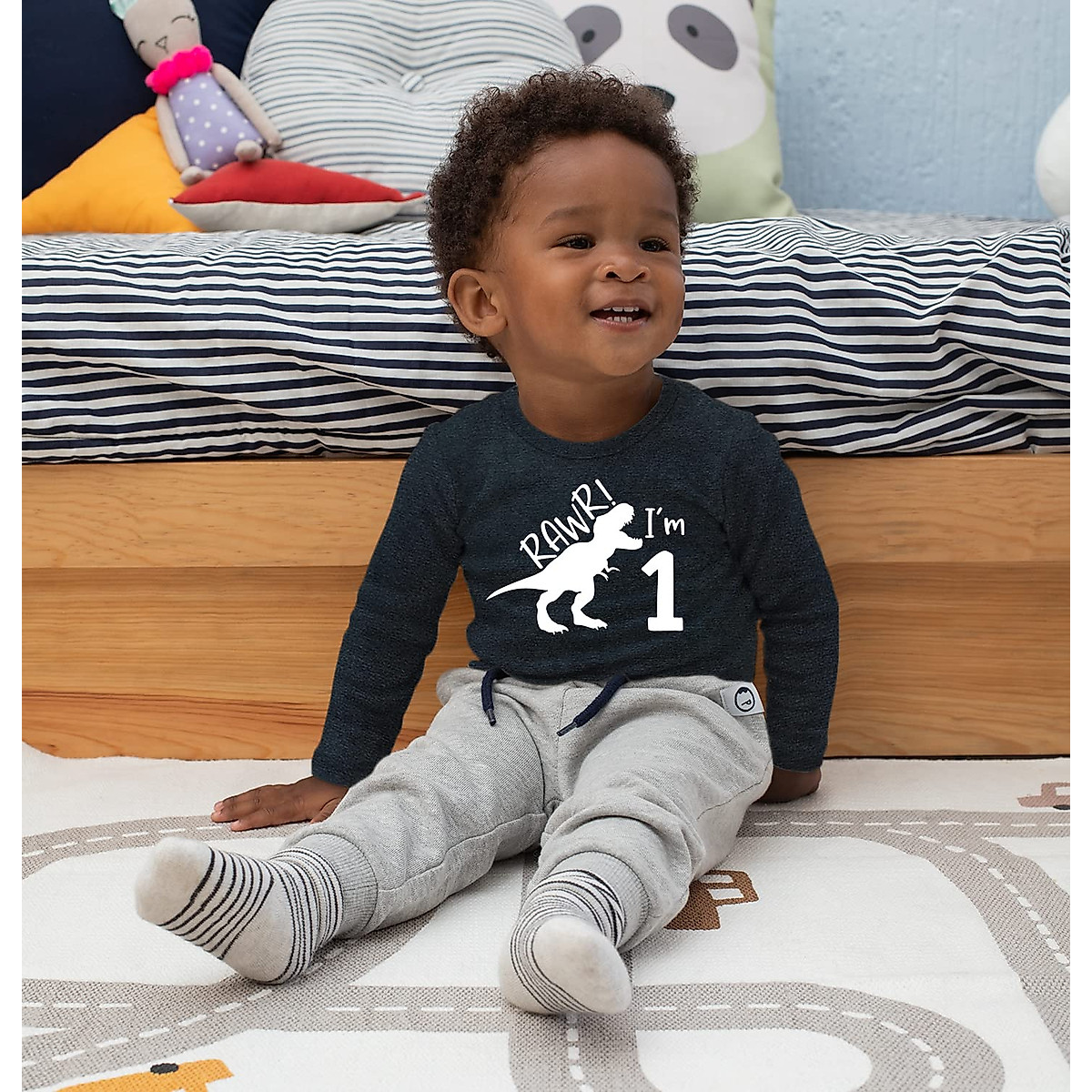 rawr im 1 Dinosaur First Birthday boy Outfit 1st Roar one Year Old Dino Shirt rex (Charcoal Black - Long Sleeve, 12 Months)