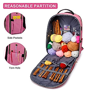 Knitting Bag Backpack, Crochet Bag Tote, Large Yarn Storage Tote Bag with USB Charging Port, Yarn Holder Case for Carrying Projects, Knitting Needles, Yarn Supplies, Pink