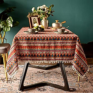 SUTAVIA Pompom Tassel Tablecloth for Bohemian Rectangle Table Covers，Wrinkle Free Linen Bohemian Style Design Table Cloth for for Dining Room, Tabletop Decoration (Red, 60"x84")