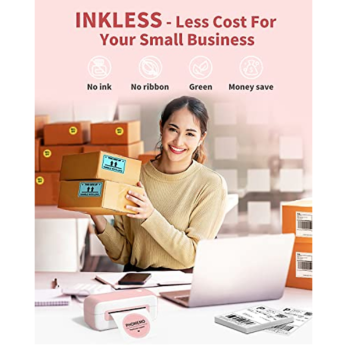 Phomemo Label Printer & 2” Pink Direct Thermal Labels