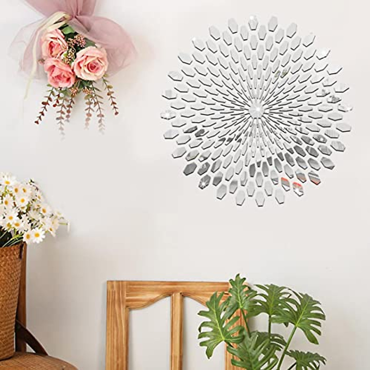 3D Sun Flower Mirror Wall Stickers Acrylic Mirror Wall Decals DIY Removable Sun Pattern Modern Mirror Surface Wall Decor for Bedroom Living Room Office TV Background Home Decoration Silver
