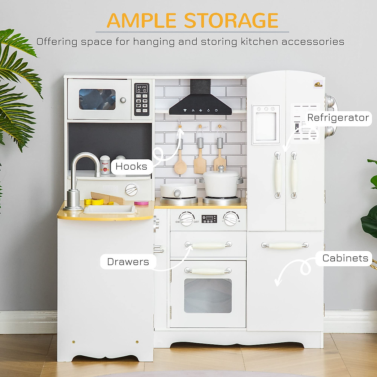 Qaba Large Play Kitchen with Full Set of Appliances for a Modern Day Pretend Kitchen, Tons of Storage, Corner Play Kitchen Set with Sound Effect, Educational Pretend Role Playset Game