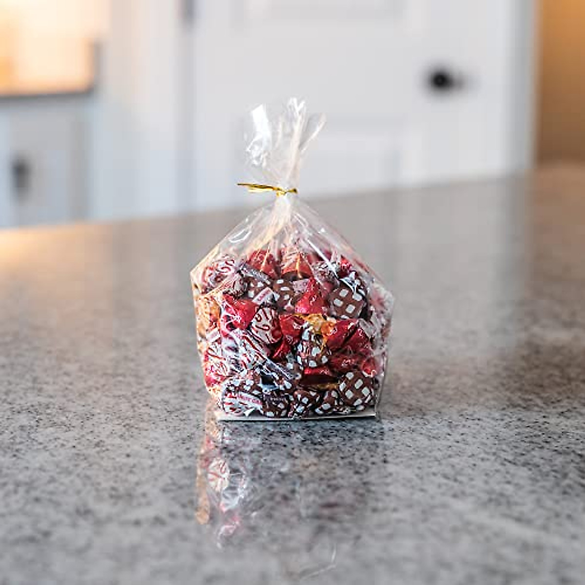 Clear Candy Bags 50 Pcs 4x4x9 Flat Bottom Cello/Cellophane Treat Bags for Bakery, Cookies, Goodie Bags with Color Twist Ties!