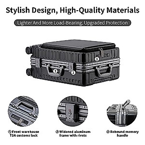 CAARANY Airline Approved Carry On Luggage With Front Pocket,20 Inch Aluminum Frame Luggage With Usb Charging Port,Pc Hard Case Travel Suitcase With Spinner Wheels And Tsa Lock（Black）