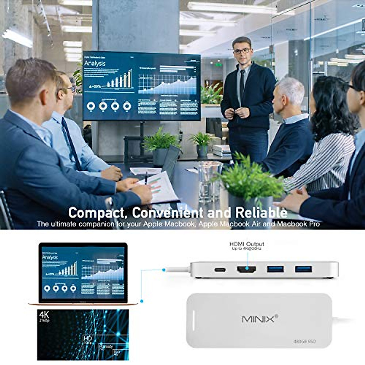 MINIX NEO Storage, 480GB Aluminum USB-C Multiport Solid State Drives Storage Hub with Display Output 4K @ 30Hz, 2 x USB 3.0 and USB-C for Power Delivery, Compatible for Apple MacBook. Silver