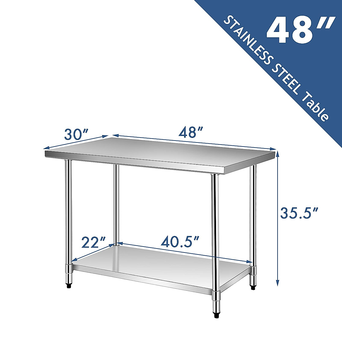 WATERJOY 48" x 30" Stainless Steel Table with Adjustable Shelf for Prep & Workstations Commercial Heavy Duty worktables