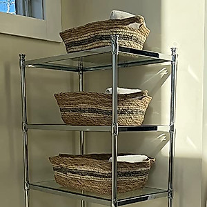 Coastal Grey Stripes 3 Piece Basket Set, Rectangular, Shelf Organizers, Corn Husk Wicker, Durable Chunky Rope Weave, 15.75, 18.5, and 19.25 Inches