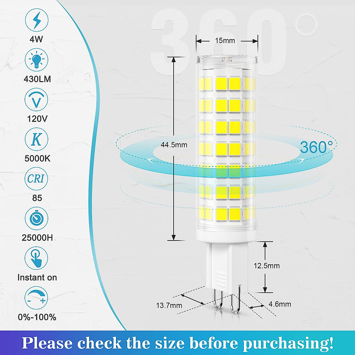 DiCUNO G9 LED Bulb Dimmable, 4W (40W Halogen Equivalent), 430LM, Daylight White 5000K 120V Bi Pin Ceramic Base Light Bulbs for Chandelier, Home Lighting (12-Pack)