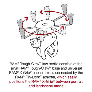 RAM MOUNTS X-Grip Large Phone Mount with Low-Profile RAM Tough-Claw RAM-HOL-UN10-400-2U for Rails 0.625" to 1.5" in Diameter
