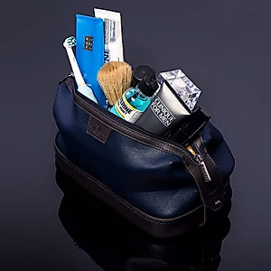 Vetell Leo Large Leather Men's Travel Toiletry and Shaving Case Bag with Upper and Lower Zippered Compartments, 3 Interior Loops and Carrying Handles