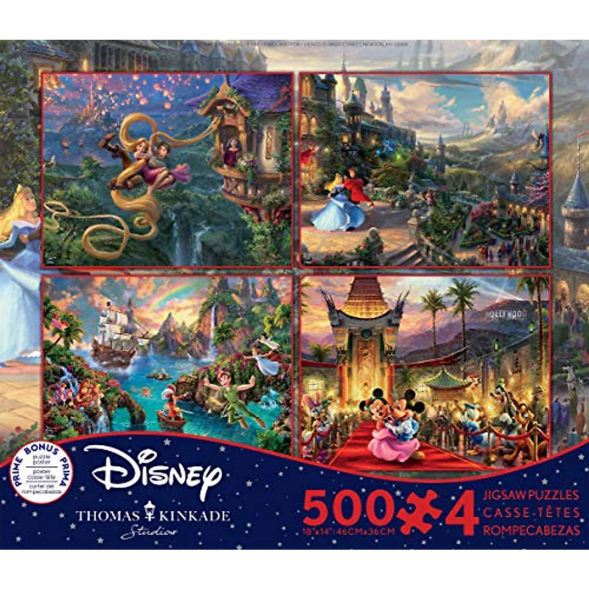 Ceaco - 4 in 1 Multipack - Thomas Kinkade - Disney Dreams Collection - Tangled, Sleeping Beauty, Peter Pan, & Mickey and Minnie - (4) 500 Piece Jigsaw Puzzles