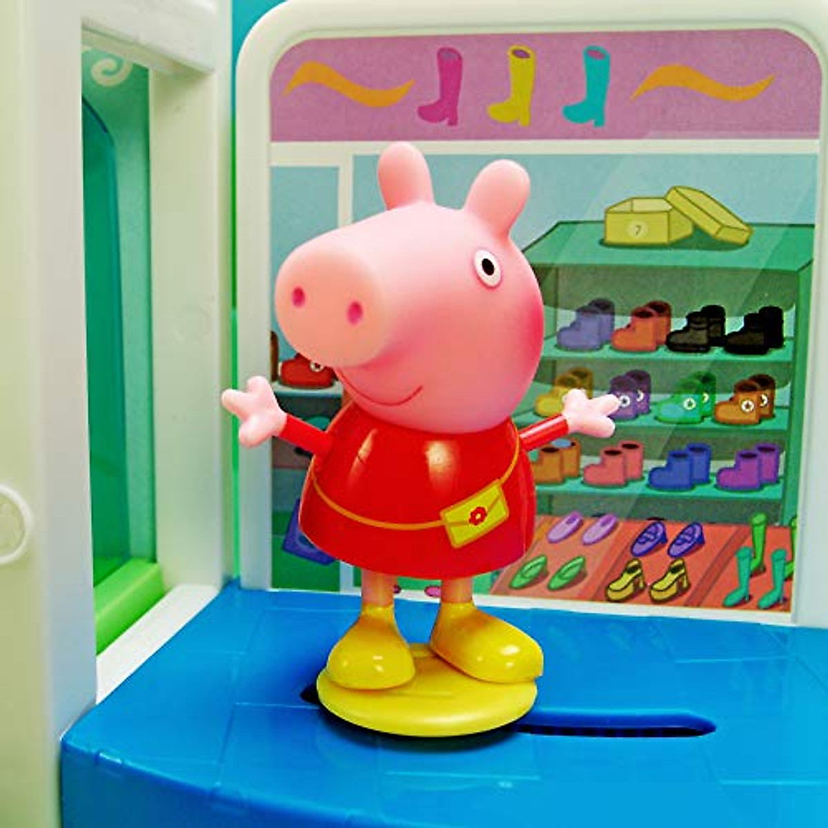 Peppa Pig Shopping Mall with Family, Includes 1 Connectable Mall Playset, 4 Character Toy Figures, 2 Chairs, 1 Pizza Table, 1 Toy Boat – for Kids - AMAZON EXCLUSIVE