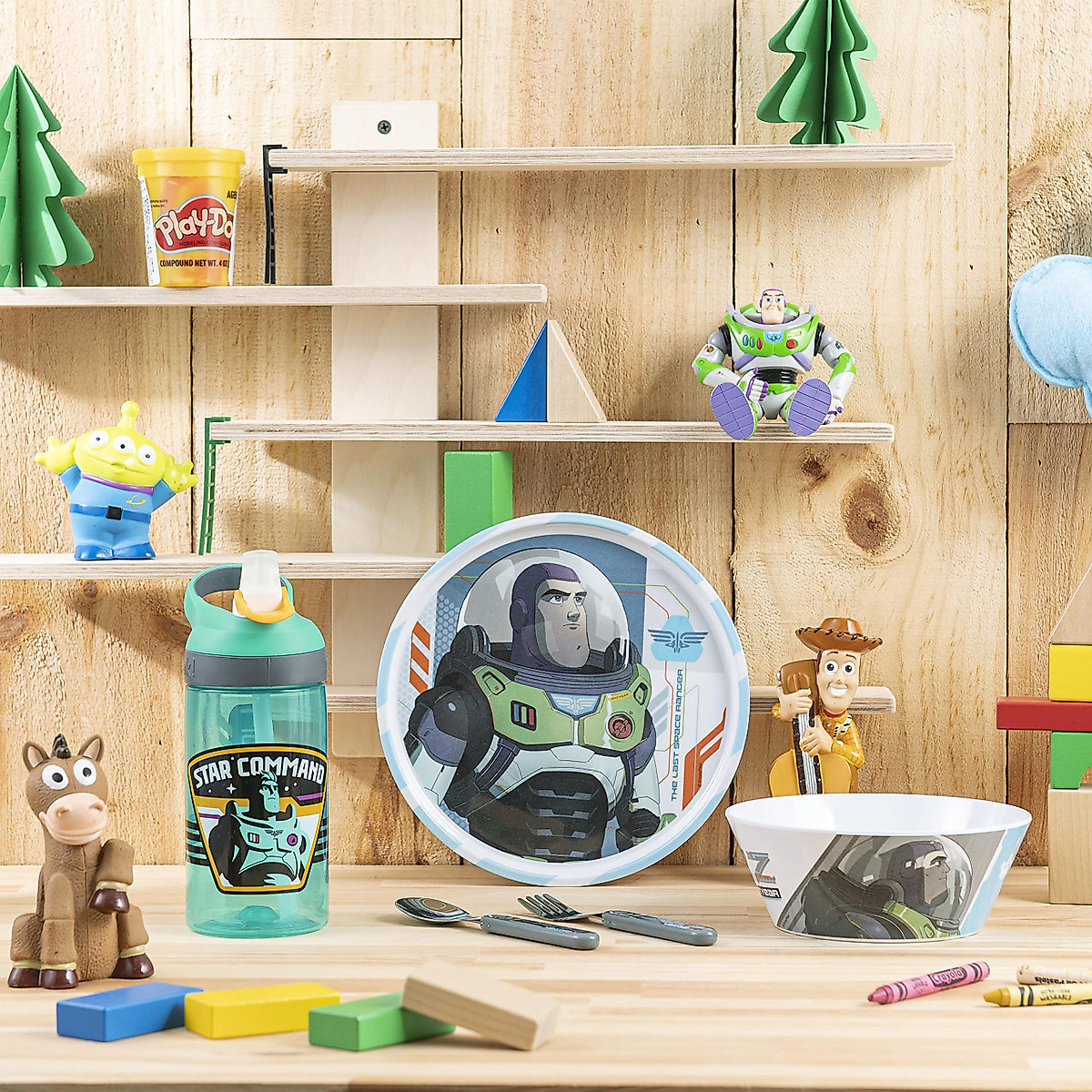 zak! Disney and Pixar Lightyear - 5-Piece Dinnerware Set - Durable Plastic & Stainless Steel - Includes Water Bottle, 8-Inch Plate, 6-Inch Bowl, Fork & Spoon - Suitable for Kids Ages 3+