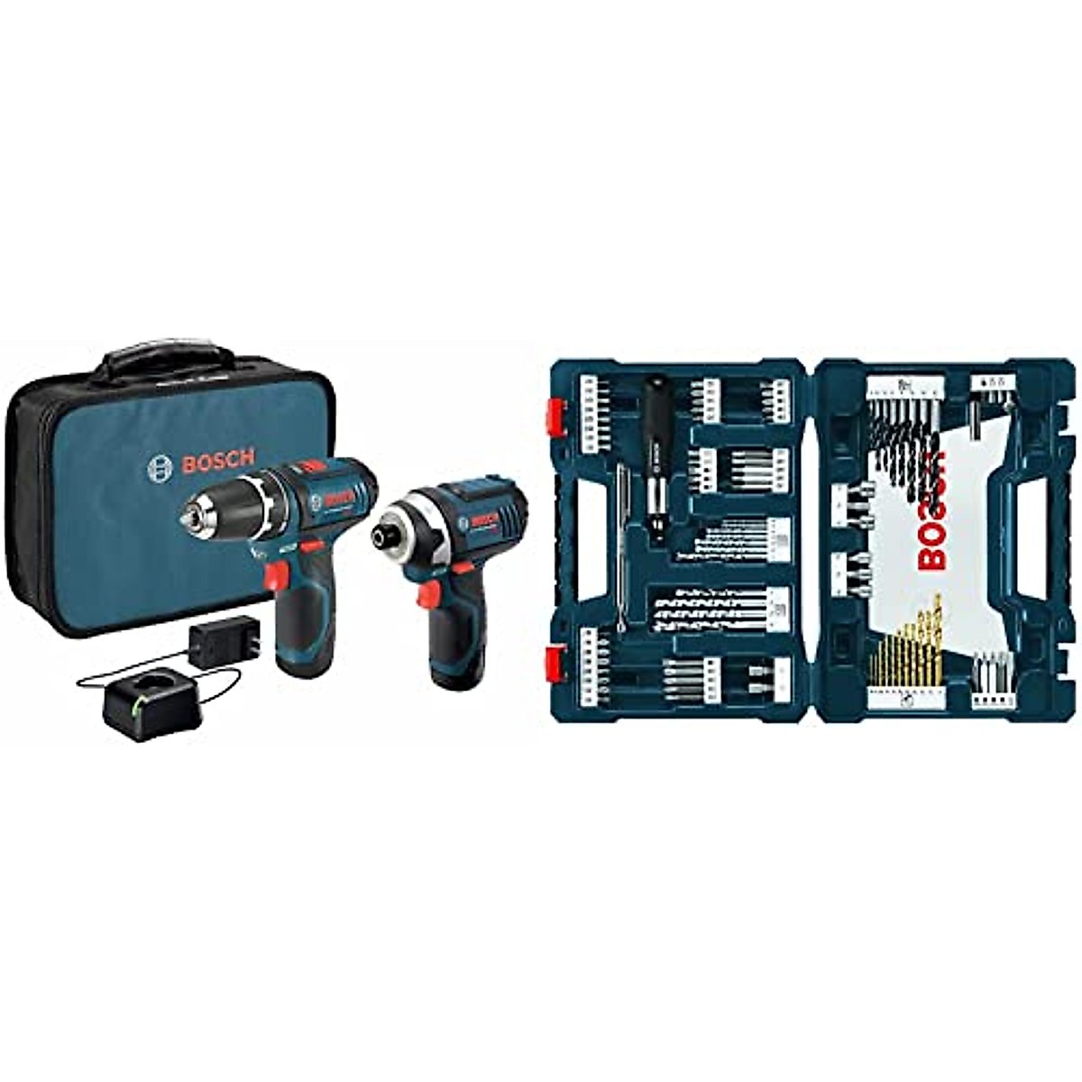 Bosch Power Tools Drill Kit - CLPK22-120 - 12-Volt Lithium-Ion 2-Tool Combo Kit (Drill/Driver and Impact Driver) with 2 Batteries, Charger and Case w/ 91 pc drill and drive bit set