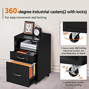 Yaheetech File Cabinet, Under Desk Vertical Cabinet with 2 Drawers and Open Compartment, Printer Stand with Lockable Wheels for A4 Letter Size Hangable File Folders for Home Office(Black)