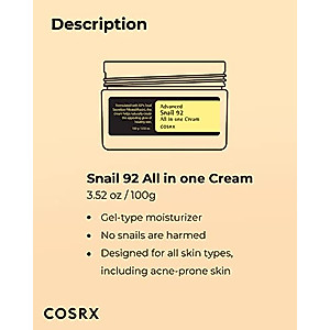 COSRX Snail Mucin 92% Repair Cream 3.52 oz, 100g, Daily Face Gel Moisturizer for Dry Skin, Acne-prone, Sensitive Skin, Not Tested on Animals, No Parabens, No Sulfates, No Phthalates, Korean Skincare
