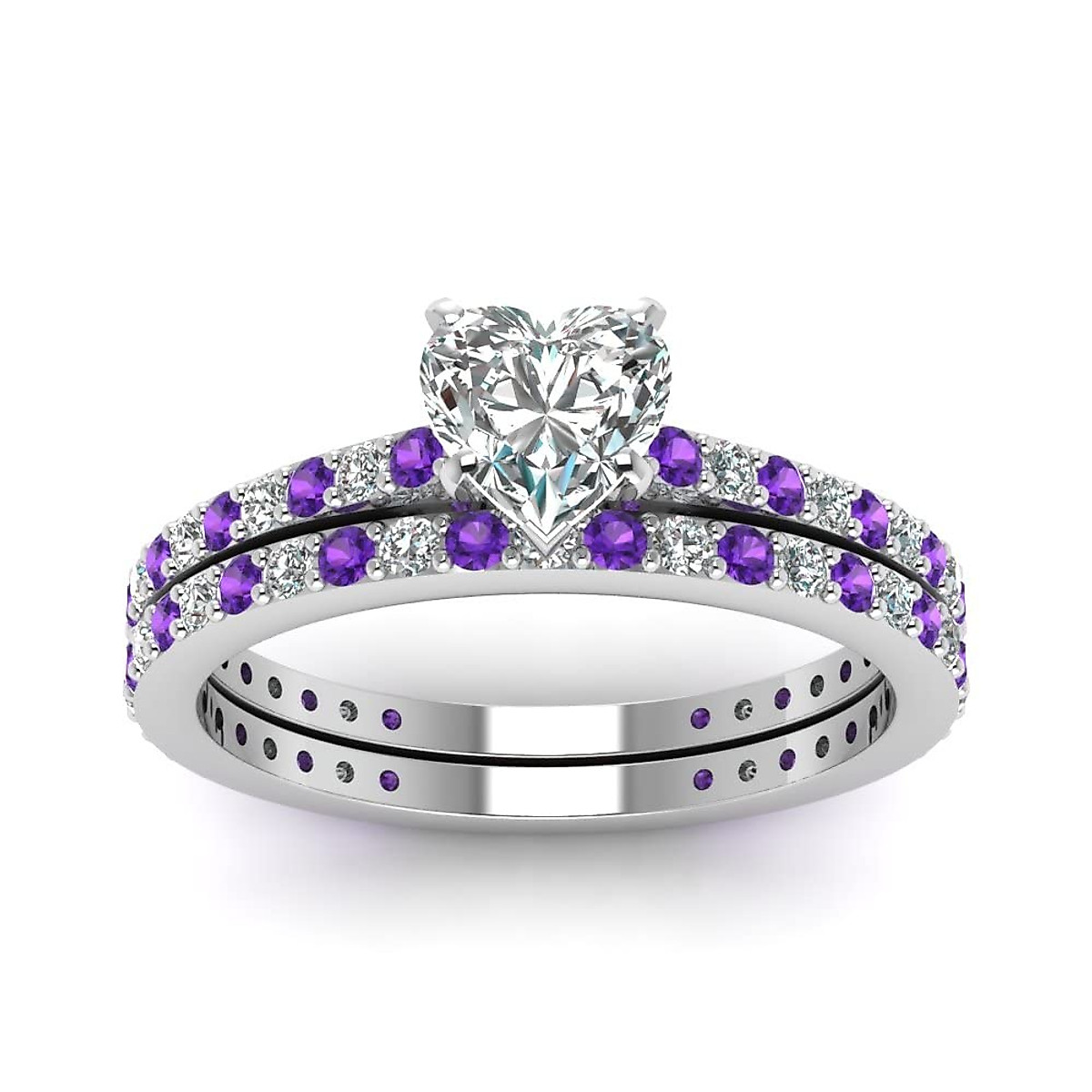 55Carat Classic Delicate Diamond Wedding Set 925 Sterling Silver Natural Amethyst Heart shape purple colorWedding Ring Sets Prong Setting in Size 7