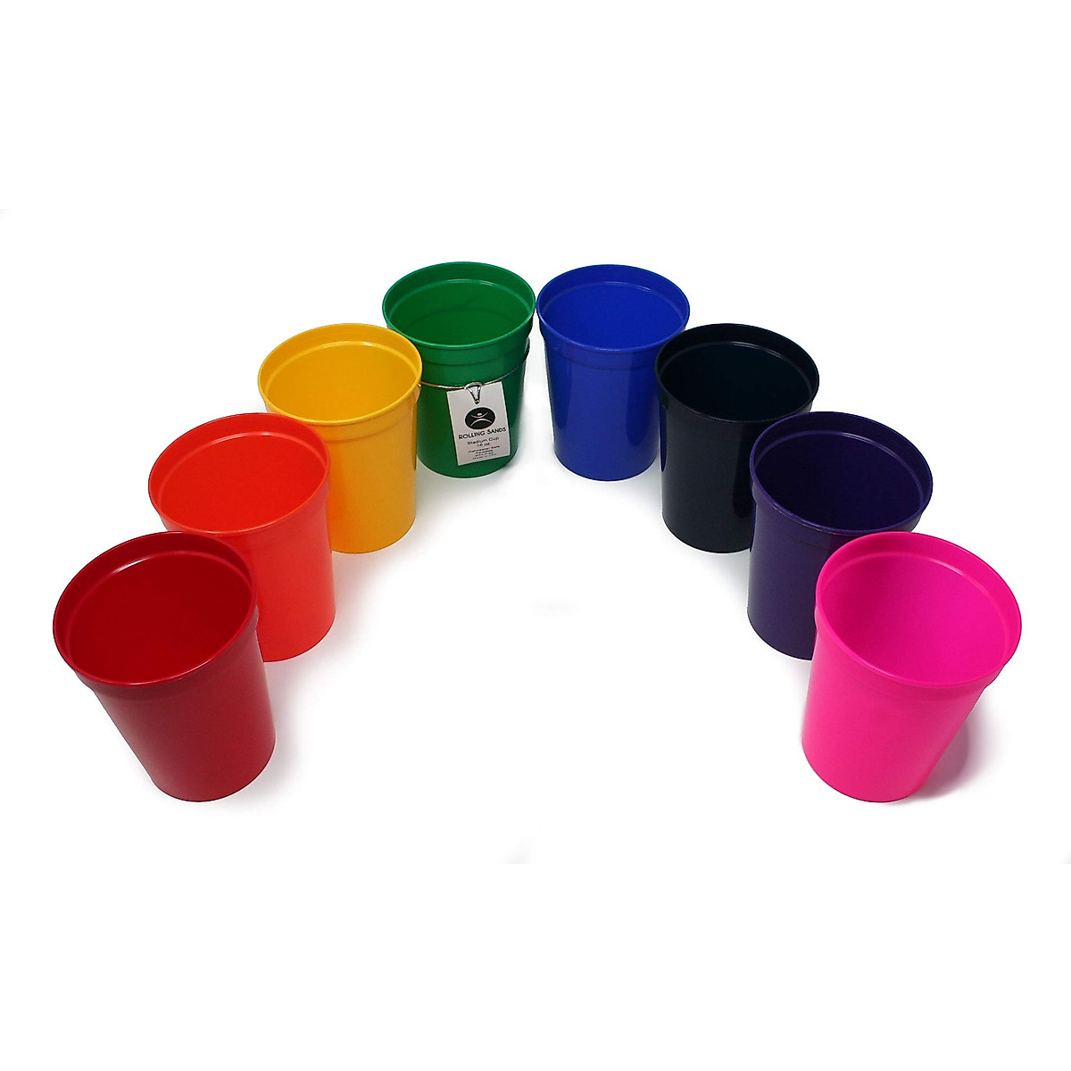 Rolling Sands 16 oz. Reusable Plastic Stadium Cups, 8 Pack, Made in USA, BPA-Free Dishwasher Safe Tumblers, Rainbow