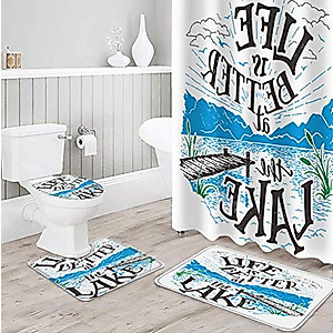 OneHoney 4 Piece Shower Curtain Sets with Non-Slip Rugs, Life is Better at The Lake Quotes Bathroom Curtains Waterproof, Lake and Mountain Landscape Decor Doormat, Toilet Lid Cover and Bath Mat