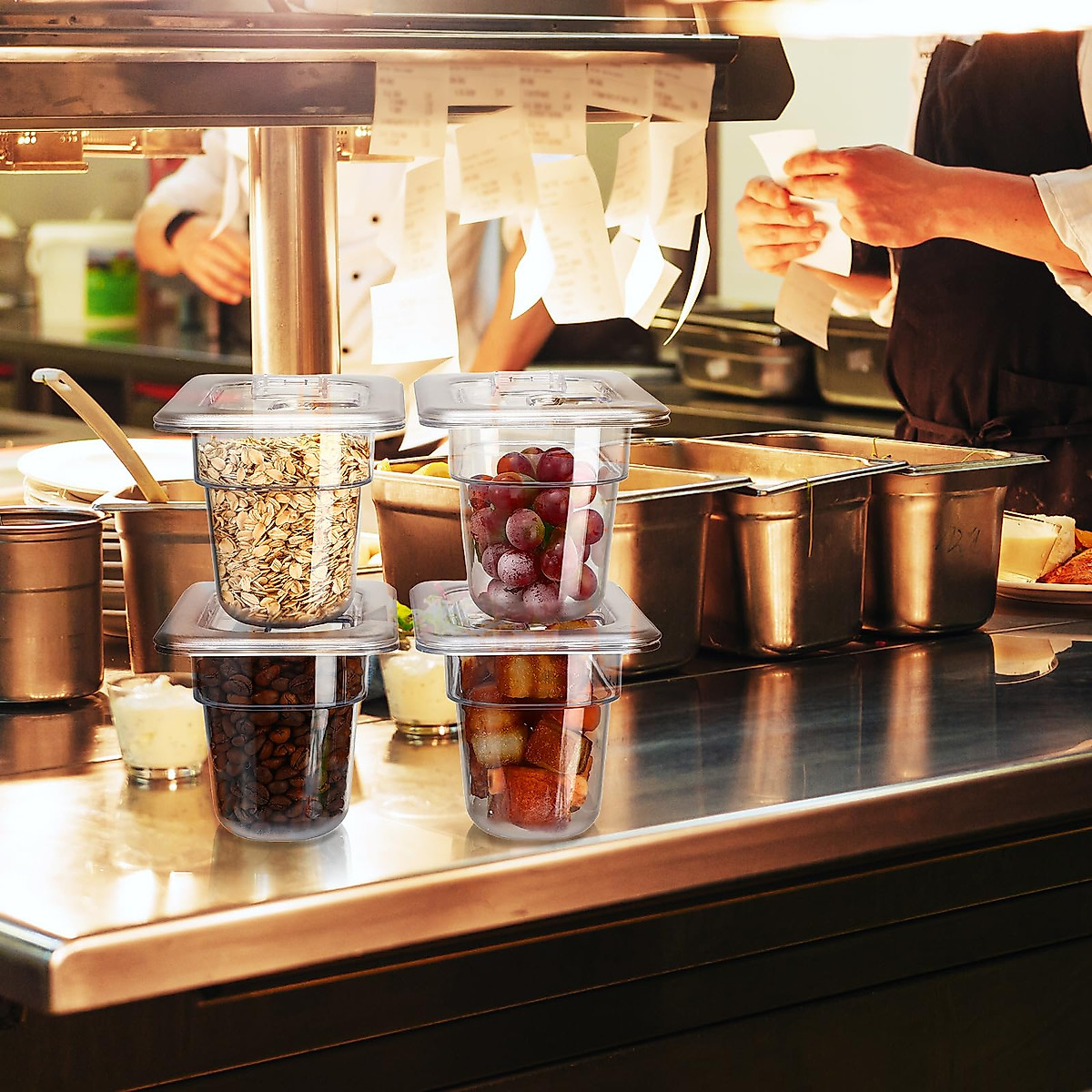 Geetery 12 Pack 1/9 Size 4'' Deep Polycarbonate Food Pan with Lid Clear Stackable Plastic Pan Restaurant Food Storage Containers with Hinged Lids for Salad Bar Hotel Supplies