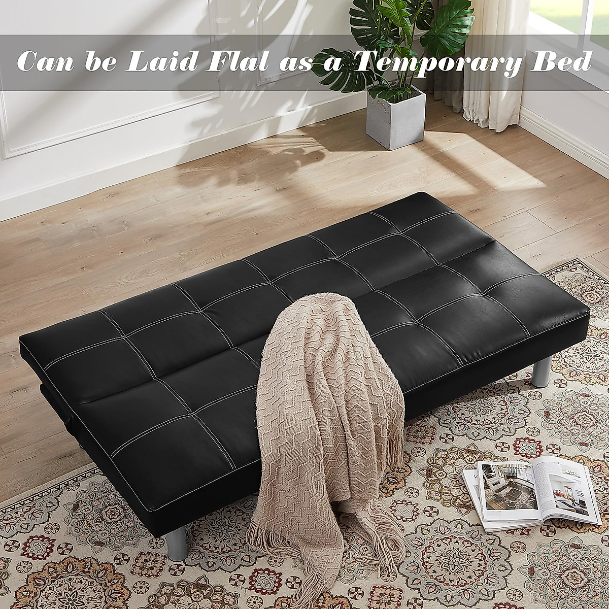 BIVVI Faux Leather Couch Futon Sofa Bed Convertible Folding Daybed Modern Upholstered Sleeper for Compact Living Space Loveseat Sofá Bed Lounge Sofa for Living Room Apartment Home Office,Black