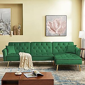 WILLIAMSPACE Green Sectional Couches for Living Room, Sectional Sofa with Recliner, Convertible L-Shaped Sofa with Sleeper, Comfy Velvet L-Shape 3 Seats Sofa and Pillows for Small Spaces