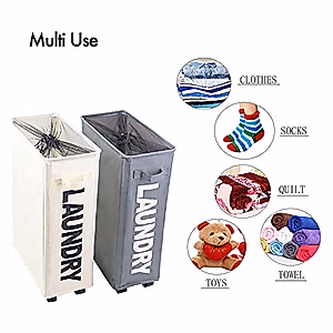 Mziart 22" Rolling Laundry Baskets on Wheels, Collapsible Slim Laundry Hamper Canvas Flexible Laundry Bag Storage Bin Organizer Dirty Clothes Sorter for Laundry Room Organization and Storage (Grey)