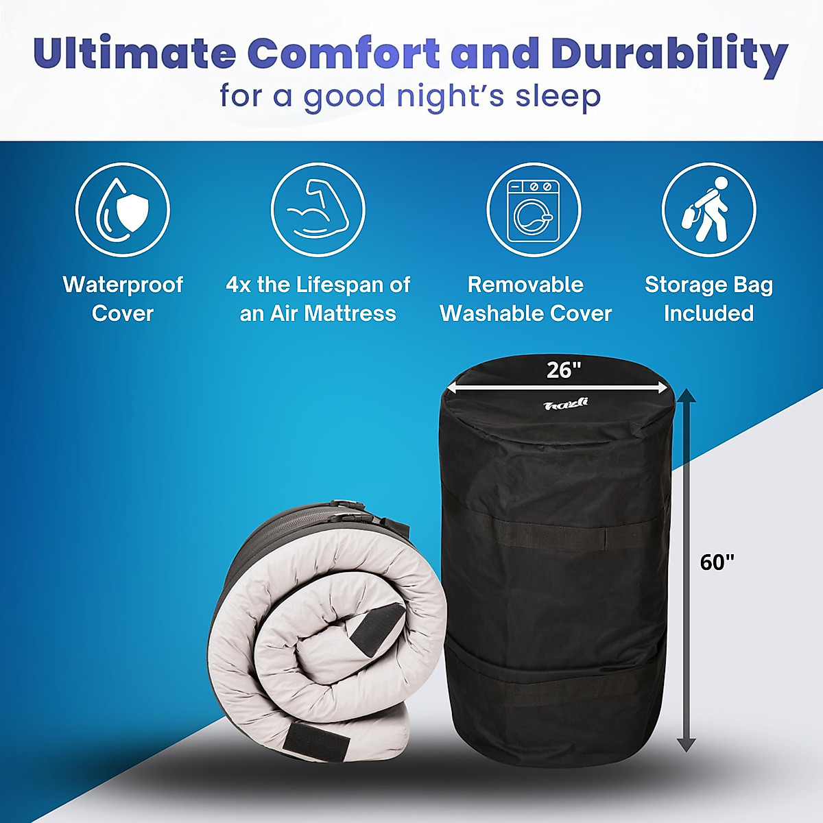 Matrix Cell 4 inch Queen Memory Foam Floor Mattress Pad, Roll Up Mattress, Guest Floor Mattress for Adults, Roll Away Bed for Sleepover, Sleeping Mat, Cot Mattress Pad, Heavy Duty Travel Cot