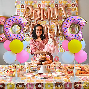Donut Table Centerpiece Balloons Stand Kit 2 Sets with 2 Doughnut Foil Balloons and 14 Latex Pastel Balloons for Donut Time Decoration Birthday Party Wedding Baby Shower Party Decoration