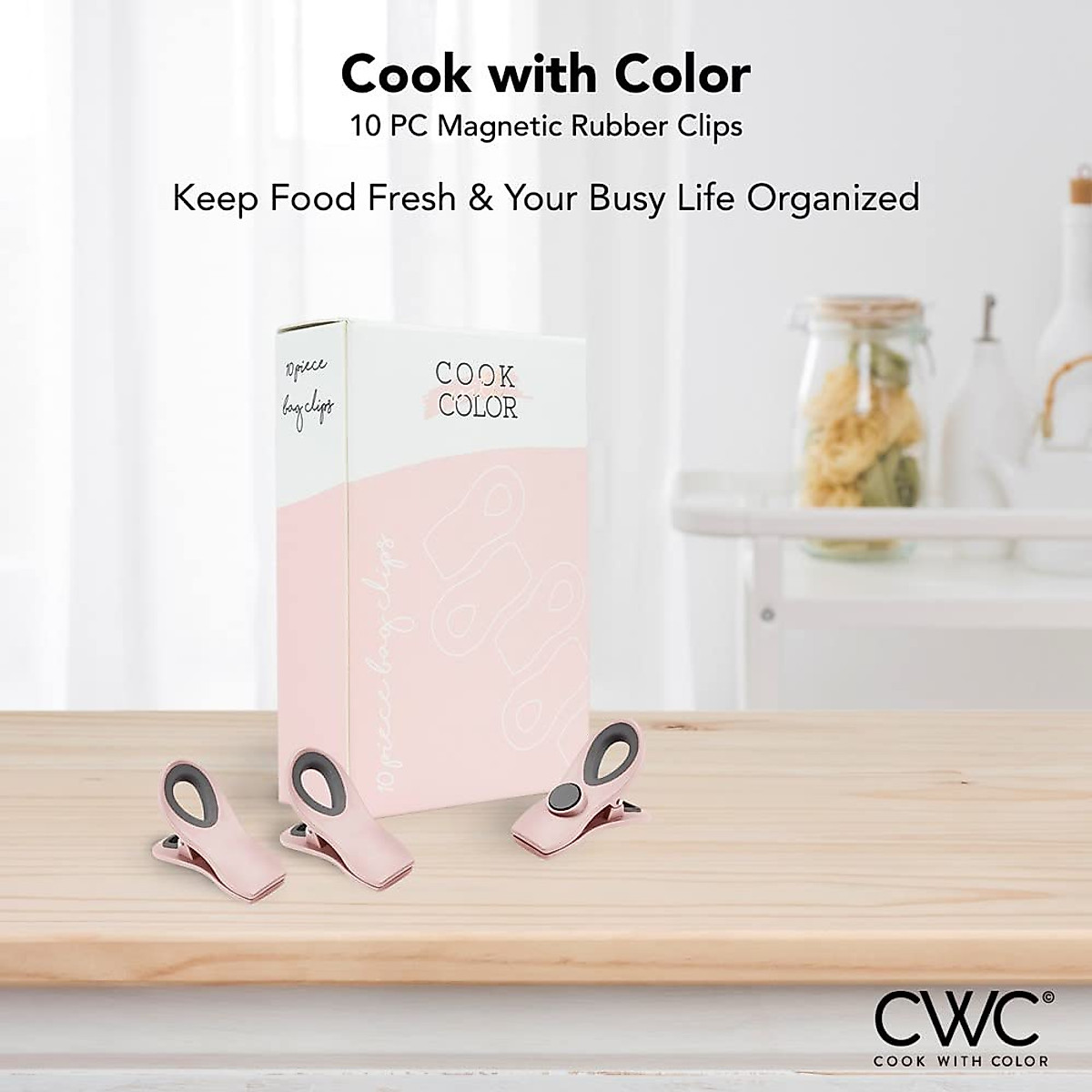 COOK WITH COLOR Bag Clips with Magnet- Food Clips, Chip Clips, Bag Clips for Food Storage with Airtight Seal Grip for Bread Bags, Snack Bags and Food Bags (Pink, Pack of 10)