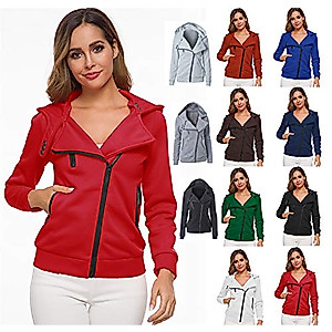 JIER Plain Hoodie Oblique Zipper Sweatshirts Zip Hoodie High Neck Casual Jumper Outwear Casual Sweatshirt (Red,X-Large)
