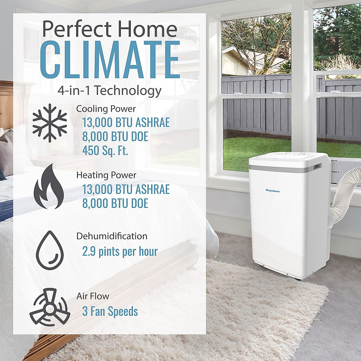 Keystone 13,000 BTU Portable Air Conditioner and Heater with Smart Remote Control & Dehumidifier Function, Quiet Compact Portable AC & Heater Combo for Living Room & Small Rooms up to 450 Sq. Ft