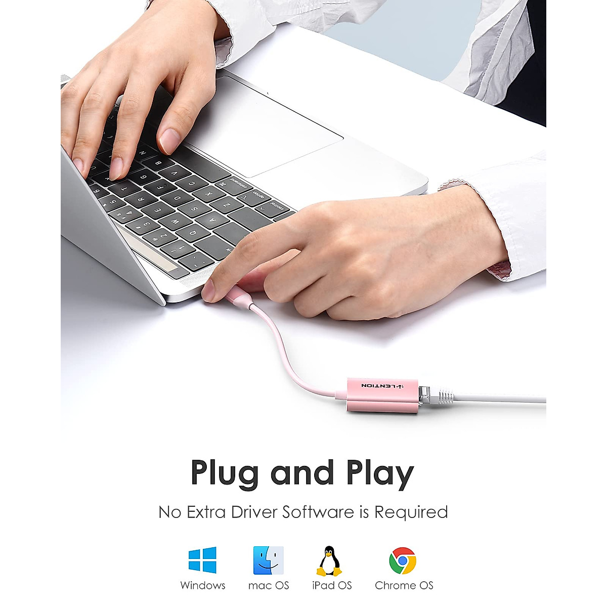 LENTION USB 3.0 Type A to Gigabit Ethernet Adapter, 1000M RJ45 Wired LAN Network Converter Compatible with Nintendo Switch, MacBook Pro/Air, Surface, Chromebook, Most Windows Laptops (HU604,Rose Gold)