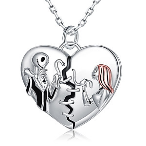 Nightmare Before Christmas Necklaces for Women - 925 Sterling Silver Jeulia Jack Skellington and Sally Heart Love Jewelry Gifts for Girlfriend Wife (Jack and Sally)