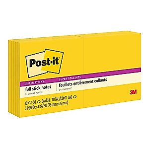 Post-it Super Sticky Full Stick Notes, 3x3 in, 12 Pads, 2x the Sticking Power, Electric Yellow, Recyclable (F330-12SSY)