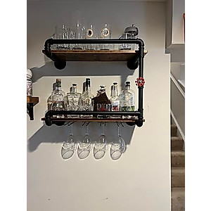 BOTAOYIYI Wine Rack Wall Mounted 2 Tier, Hanging Floating Small Mini Bar Liquor Shelves with Glass Holder Storage Under, Industrial Rustic Pipe Farmhouse Kitchen Decor Black(23.6x10.6x19.7)