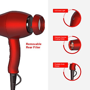 1875W Professional Ionic Hair Dryer, Salon Lightweight Blow Dryer, 2 Speed and 3 Heat Settings, Powerful Ceramic Fast Dryer with Diffuser, Concentrator and Comb (Red)