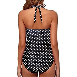 Tempt Me Women Black Polka Dot Tummy Control One Piece Swimsuits Push Up Slimming Bathing Suits Halter Vintage Swimwear L
