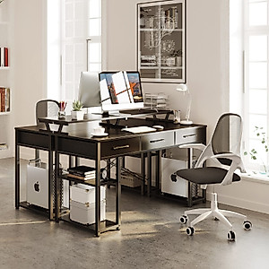 ODK Computer Desk with Drawers and Storage Shelves, 48 inch Home Office Desk with Monitor Stand, Modern Work Study Writing Table Desk for Small Spaces, Black