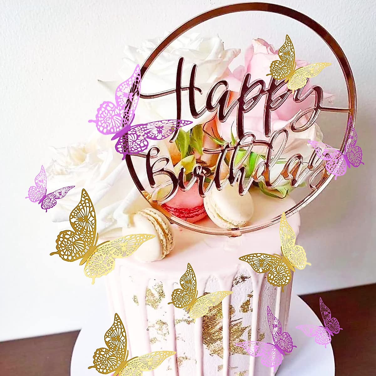 3D Purple Gold Butterfly Wall Stickers, 24 PCS 3 Sizes Butterfly Wall Decals, Removable Metallic Gold Wall Sticker Room Mural for Paper Art Party Cupcake Kids Bedroom Classroom Wedding Balloon Decors