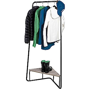 J&V TEXTILES Corner Garment Rack, White with Wood Grain Laminate Top (Matte Black)