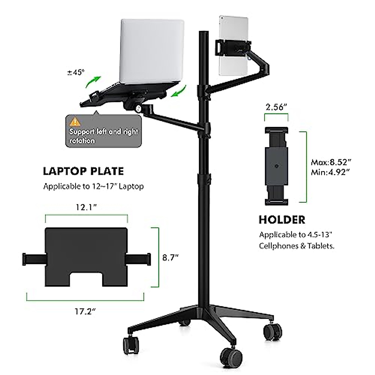 viozon Tablet and Laptop Floor Stand, 2-in-1 Rolling Adjustable Dual arm, Compatible with 4.5~13'' Phone and Tablet Compatible with iPhone, iPad Pro, iPad, Extra Tray Fits 12 to 17'' Laptop/Notebook(B