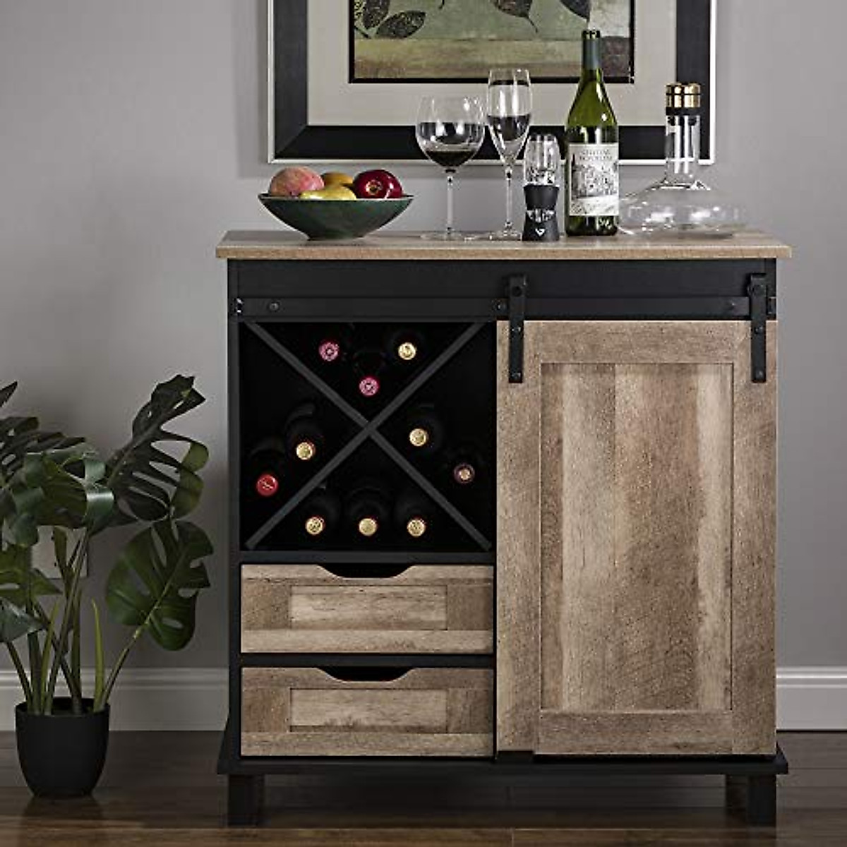 glitzhome Rustic Wine Cabinet with Storage 2-Sections Wood Bar Cabinet with Wine Storage Home Bar Liquor Alcohol Cabinet with Drawers Wine Display Sideboard for Kitchen Dining Room, 31.5”L