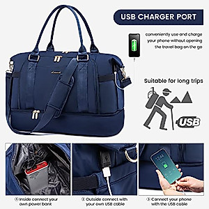 Gym Bag for Women LOVEVOOK Travel Duffel Bag, Navy Blue with USB Charging Port,Weekender Bags for Women with Shoe Compartment,Carry on Overnight Bag with Toiletry Bag,Hospital Bags for Labor and Deliver