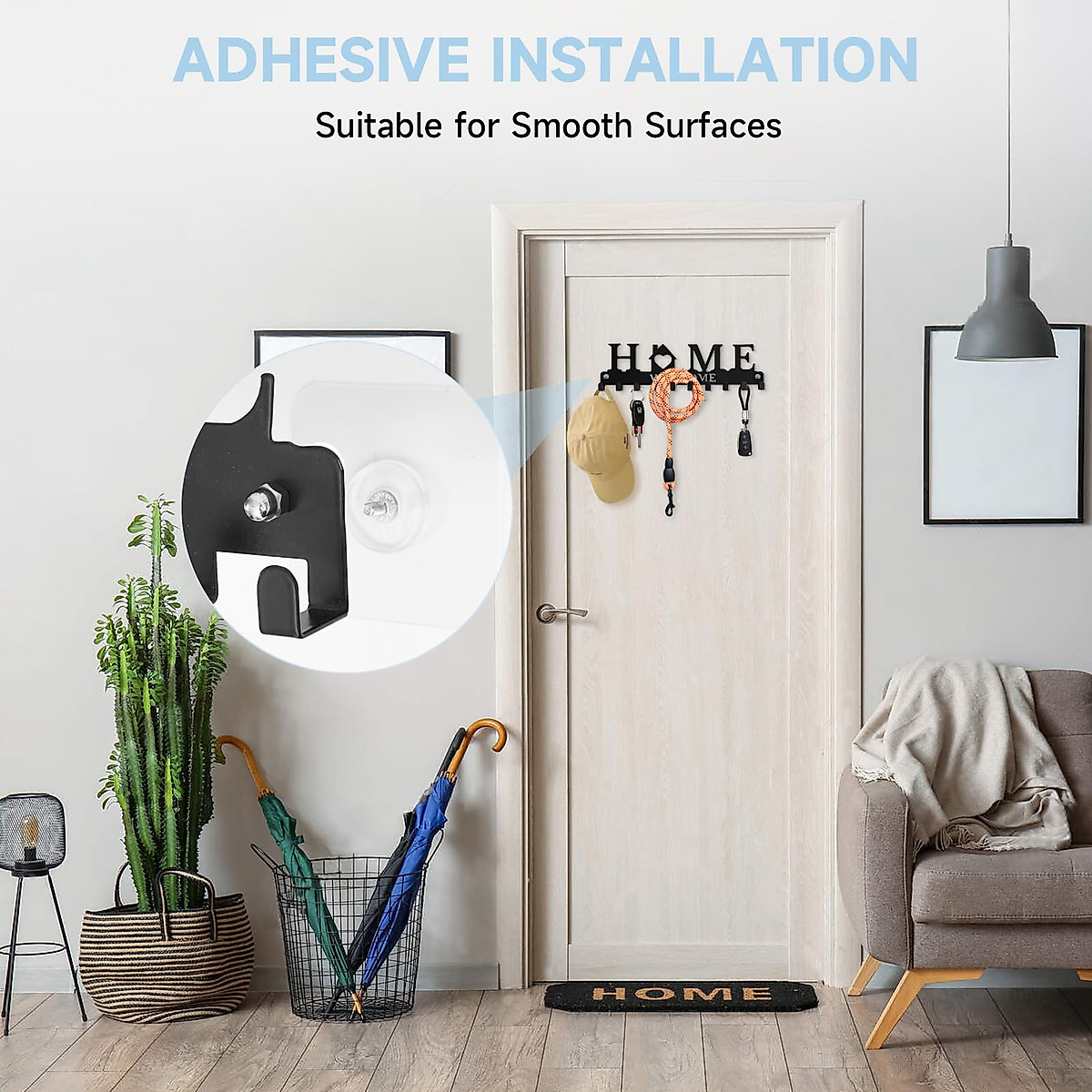 HOMEBROS Key Holder Wall Mount, Black Metal Key Hanger Adhesive Key Rack Organizer with 10 Key Hooks Wall Decorative for Entryway Doorway Hallway Garage 2 Installation Methods