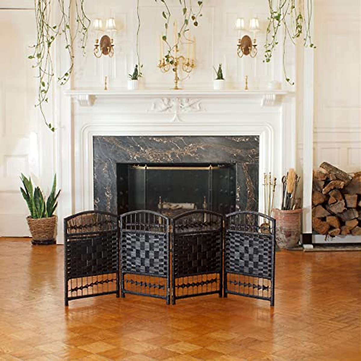 Red Lantern 2 ft. Short Fiber Weave Folding Screen - Black - 4 Panels