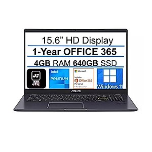 ASUS Newest Ultra Thin Laptop, 15.6” HD Display, Intel Pentium Processor, 640GB SSD(128GB eMMC+512GB PCIe SSD), 4GB RAM, WiFi, Bluetooth, USB, Windows 11 Home S, 1 Year Microsoft 365, Black, JVQ+MP