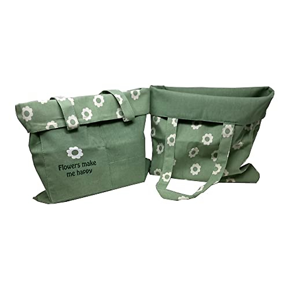 Green Flowers 100% Recycled Cotton Reversible Tote Bag - Summer, Gifts, School, Shopping bag, Green
