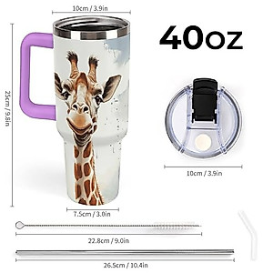 LLUTSNTH 40 Oz Vacuum Tumbler with Violet Handle Leakproof Insulated Tumbler Giraffe Stainless Steel Travel Mug with Lid And Straw Coffee Cup Cute Water Bottles Cup Holder Friendly